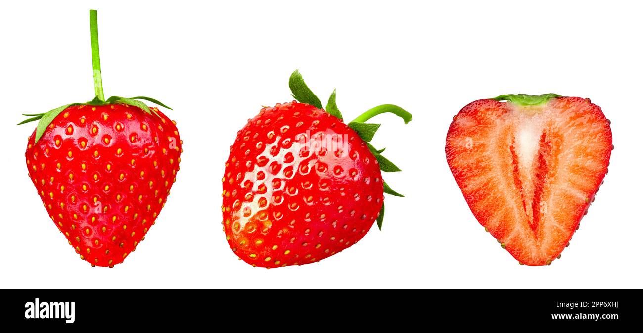 Fresh ripe strawberries, set, whole and cut berries. Isolated on white ...