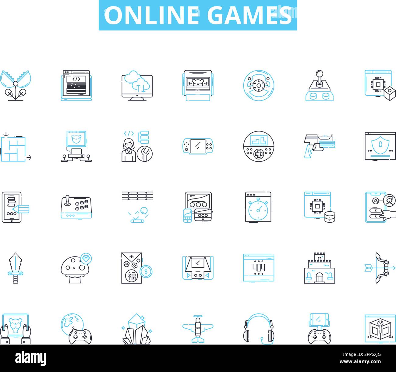 Online games linear icons set. Gaming, Multiplayer, Virtual, Adventure, Action, Strategy ...