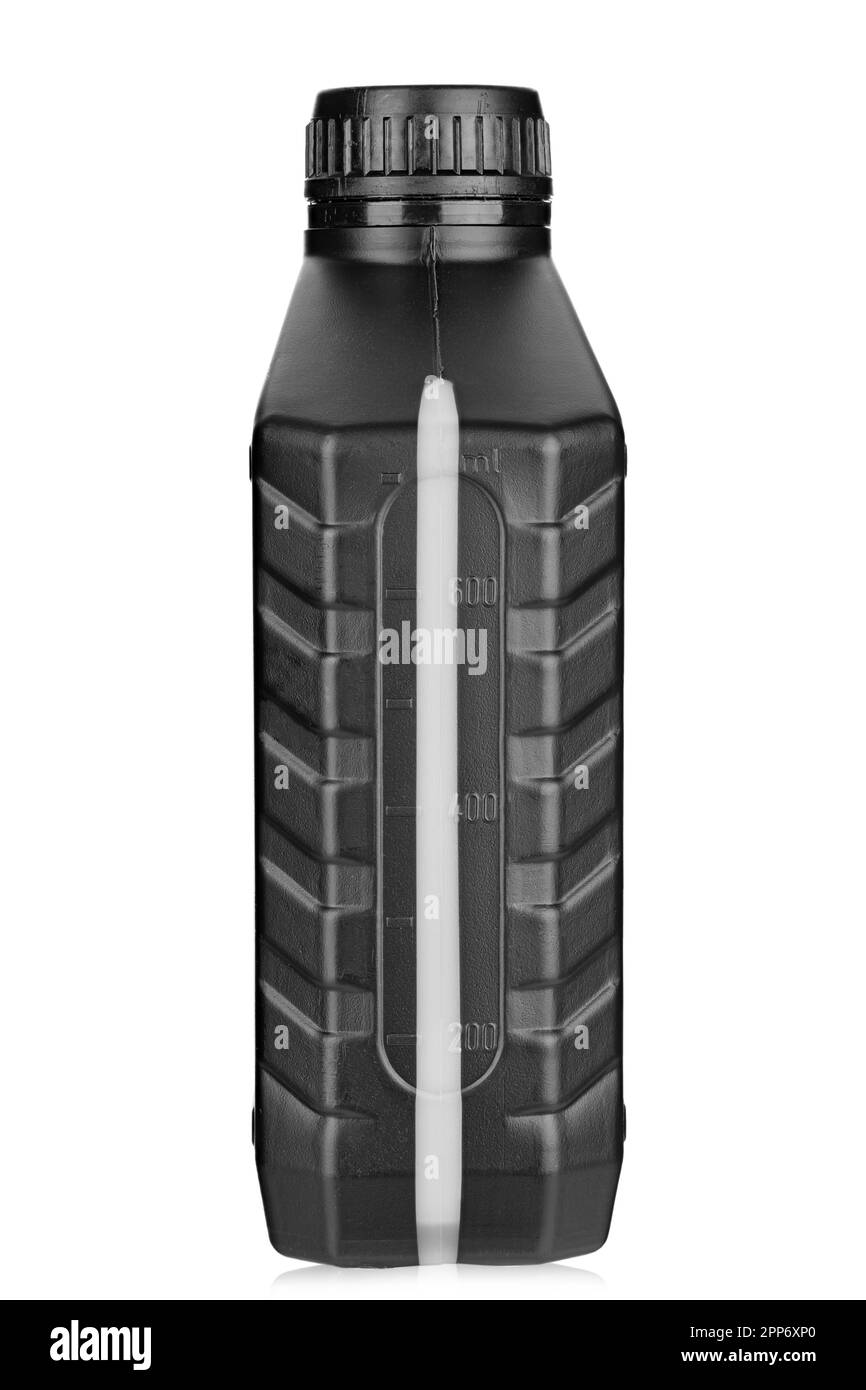 Plastic black container for engine oil. Side view. Isolated on white ...
