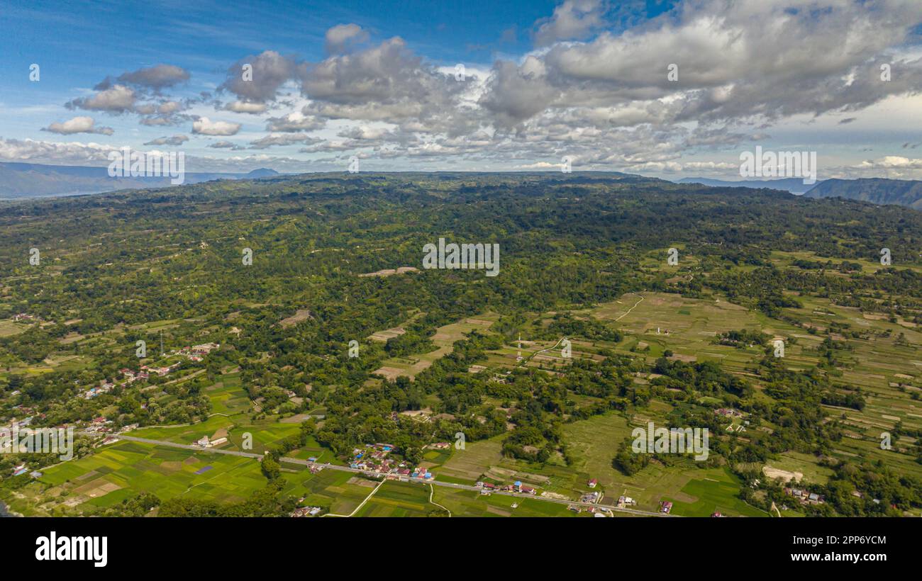 Aerial view of Samosir is a large volcanic island in Lake Toba, located ...
