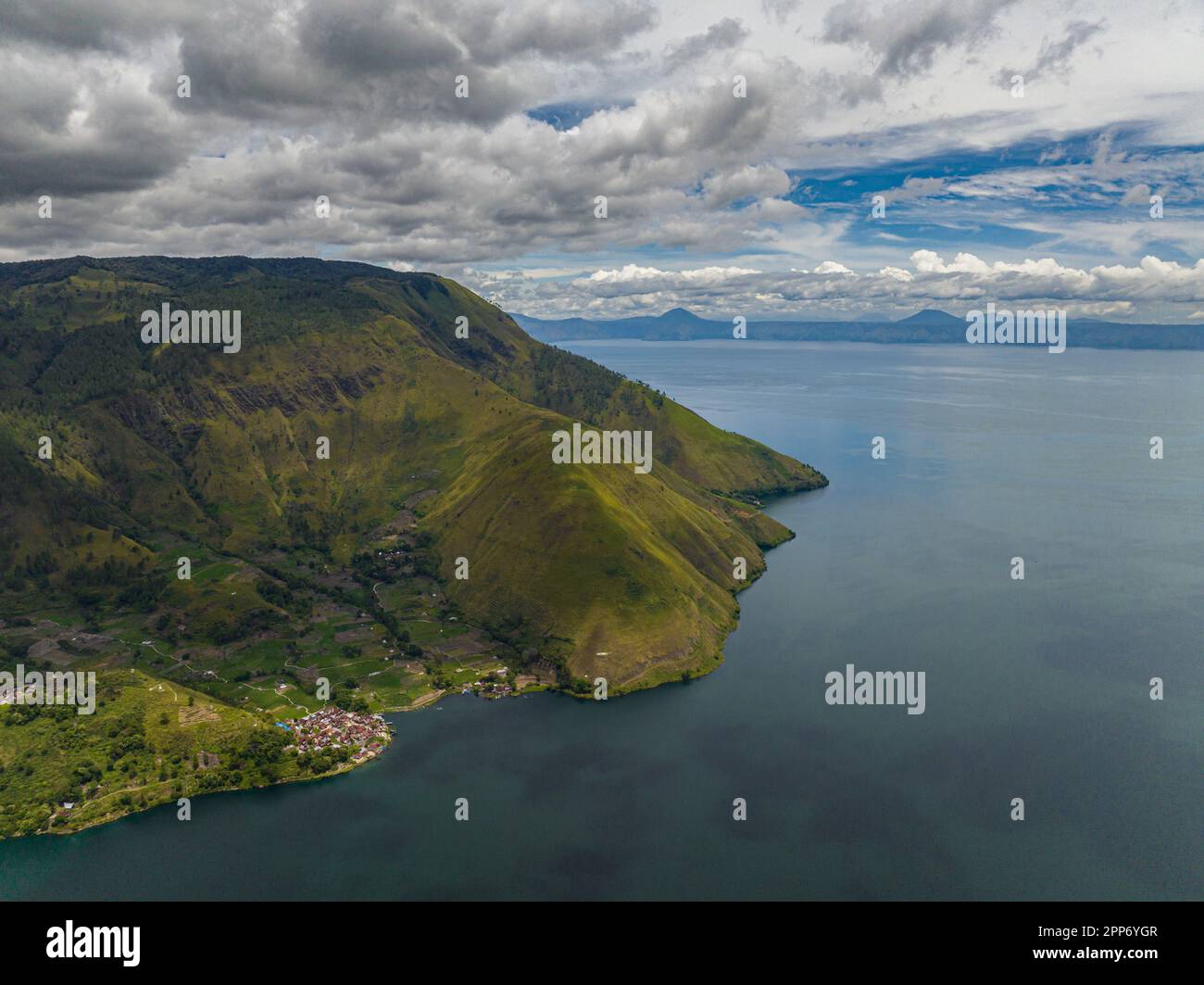 Aerial view of lake Toba lies in the northern part of Barisan Mountain ...