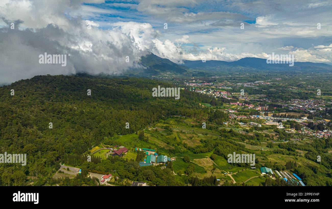 Aerial view of Berastagi town among farmlands in the beautiful Karo ...