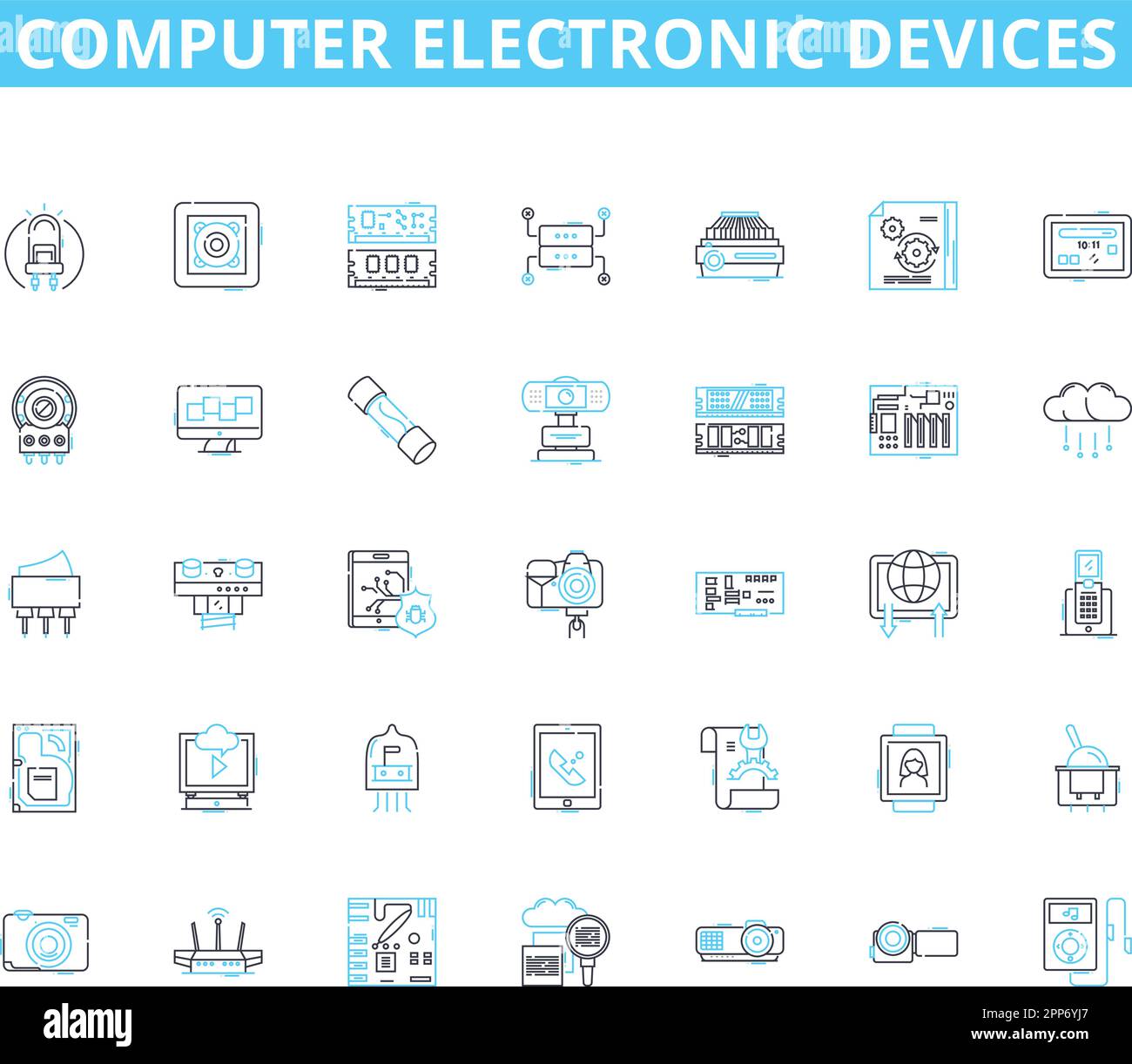 Computer electronic devices linear icons set. Laptop, Desktop, Tablet, Smartph, Server, Router ...