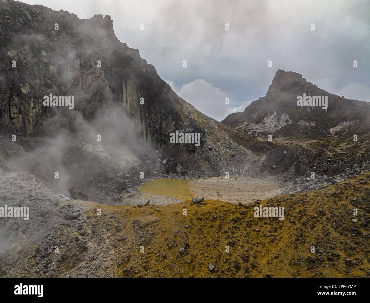 Active volcano Sibayak with smoke and fumaroles. Sumatra, Indonesia ...