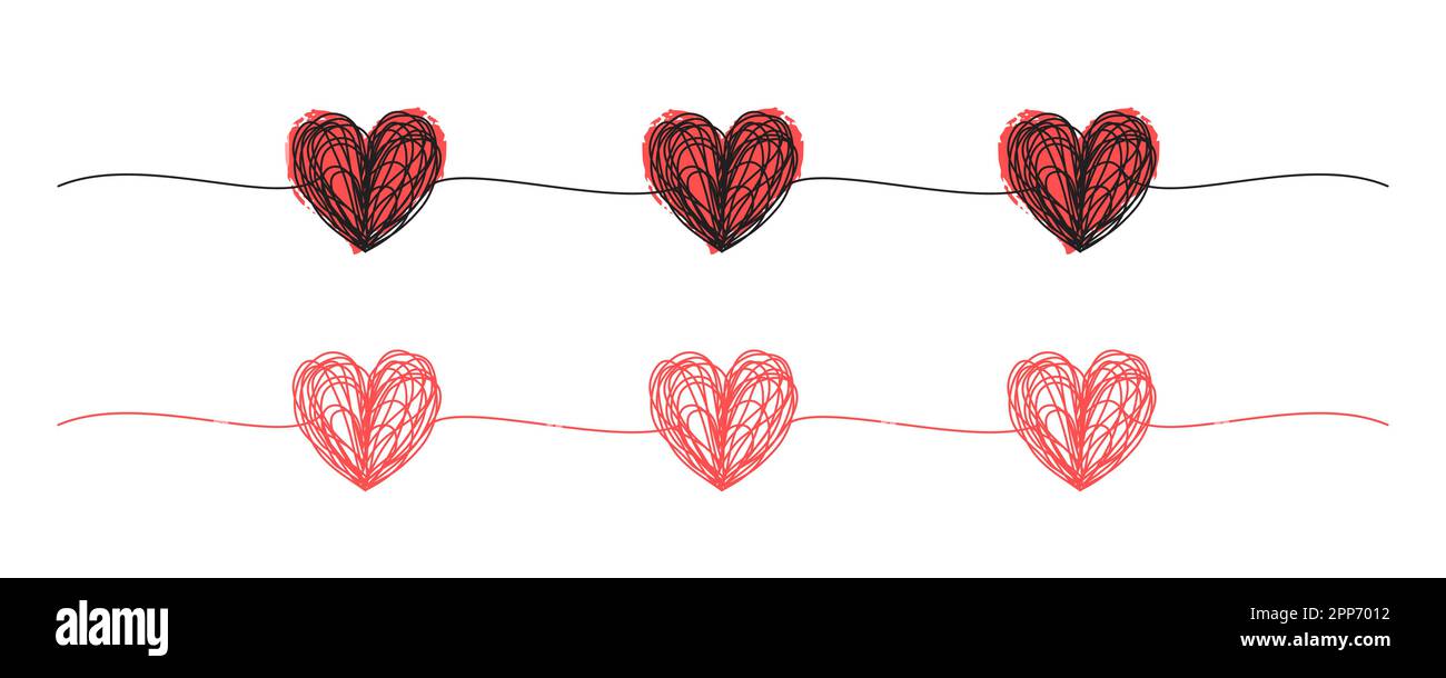 Scribble hearts hand drawn with thin line, divider shape. Ink brush ...