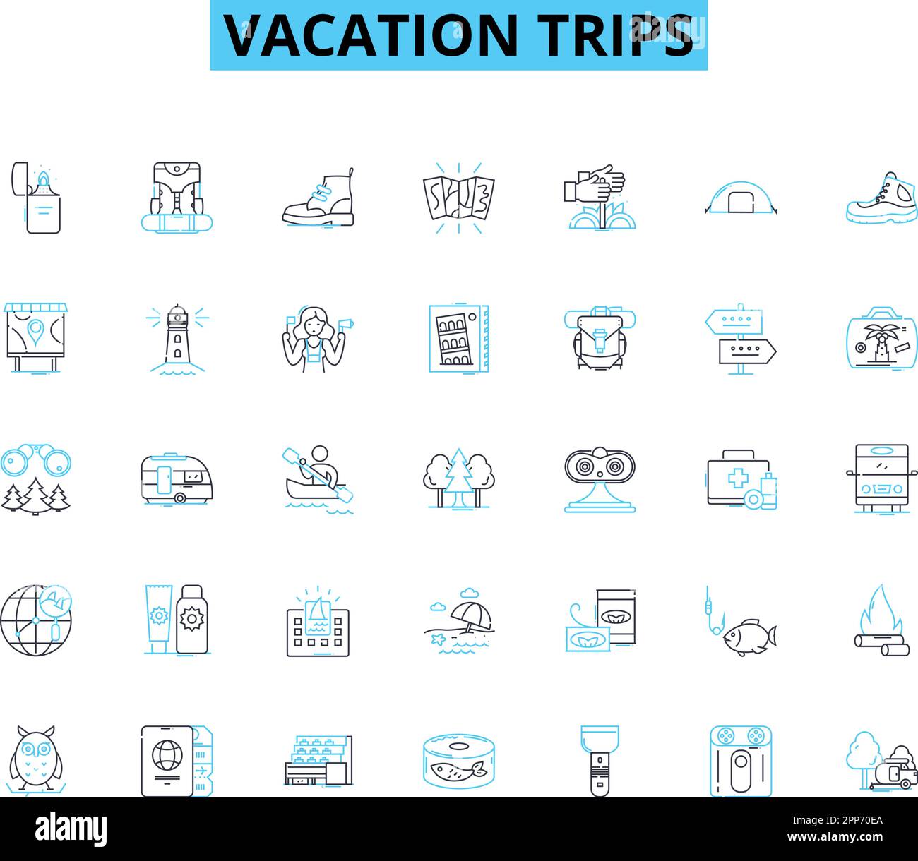 Vacation trips linear icons set. Adventure, Relaxation, Exploration ...