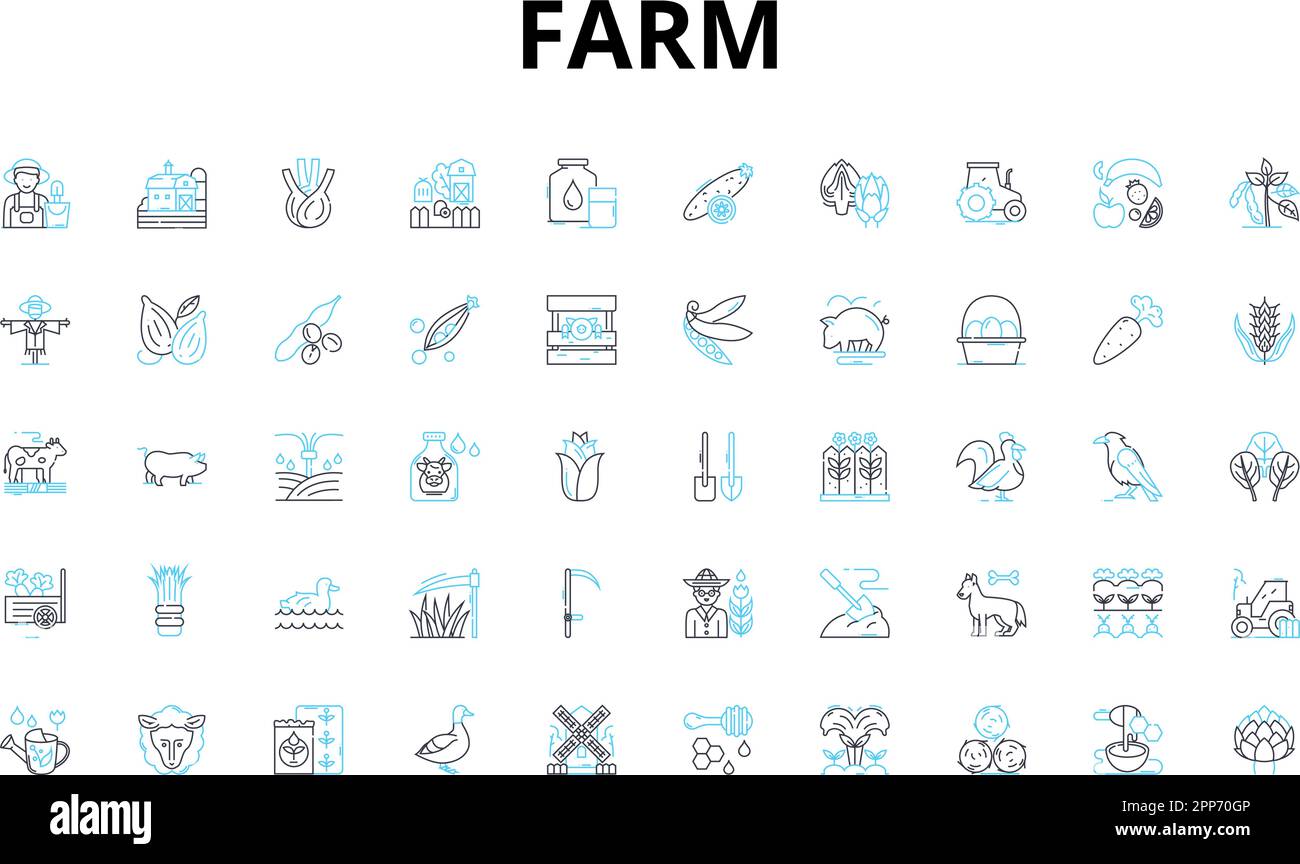 Farm linear icons set. Harvest, Livestock, Plow, Crops, Hay, Seeds ...