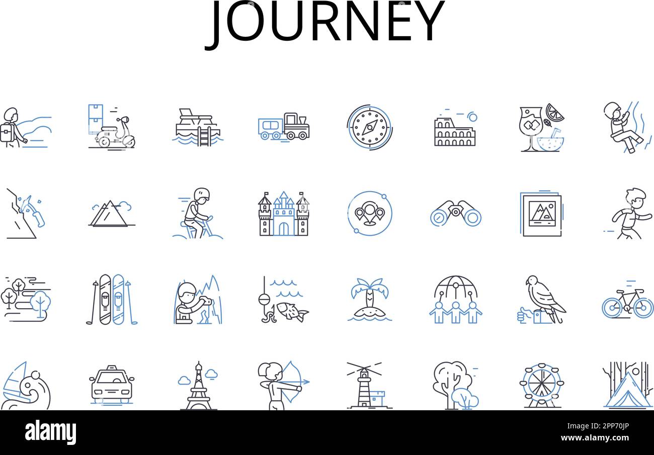 Journey line icons collection. Adventure, Voyage, Excursion, Passage, Trekking, Expedition ...