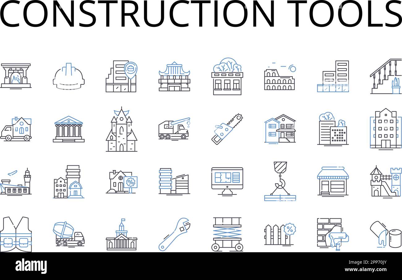 Construction tools line icons collection. Bulldozer, Excavator, Crane ...