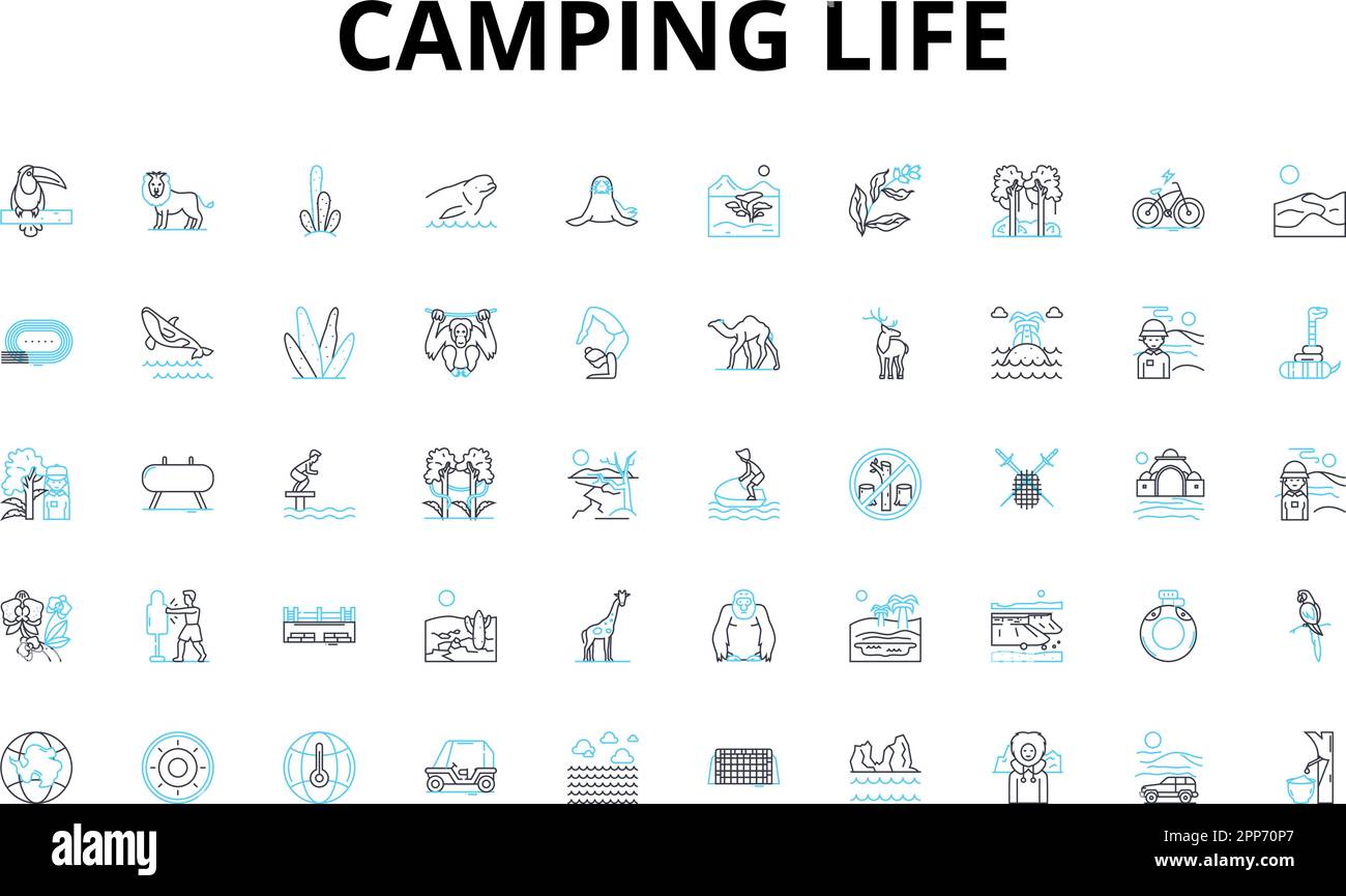 Camping life linear icons set. Adventure, Bonfire, Backpack, Tent ...