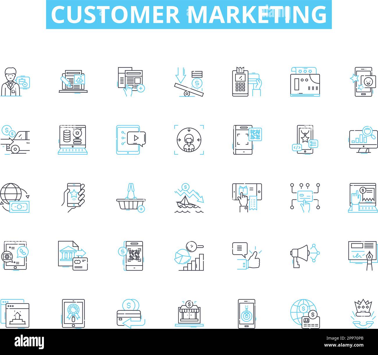 Customer Marketing linear icons set. Retention, Engagement, Loyalty, Feedback, Segmentation ...