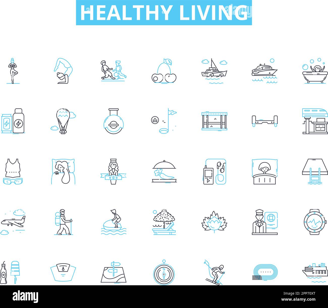 Healthy living linear icons set. Nutrition, Exercise, Meditation ...