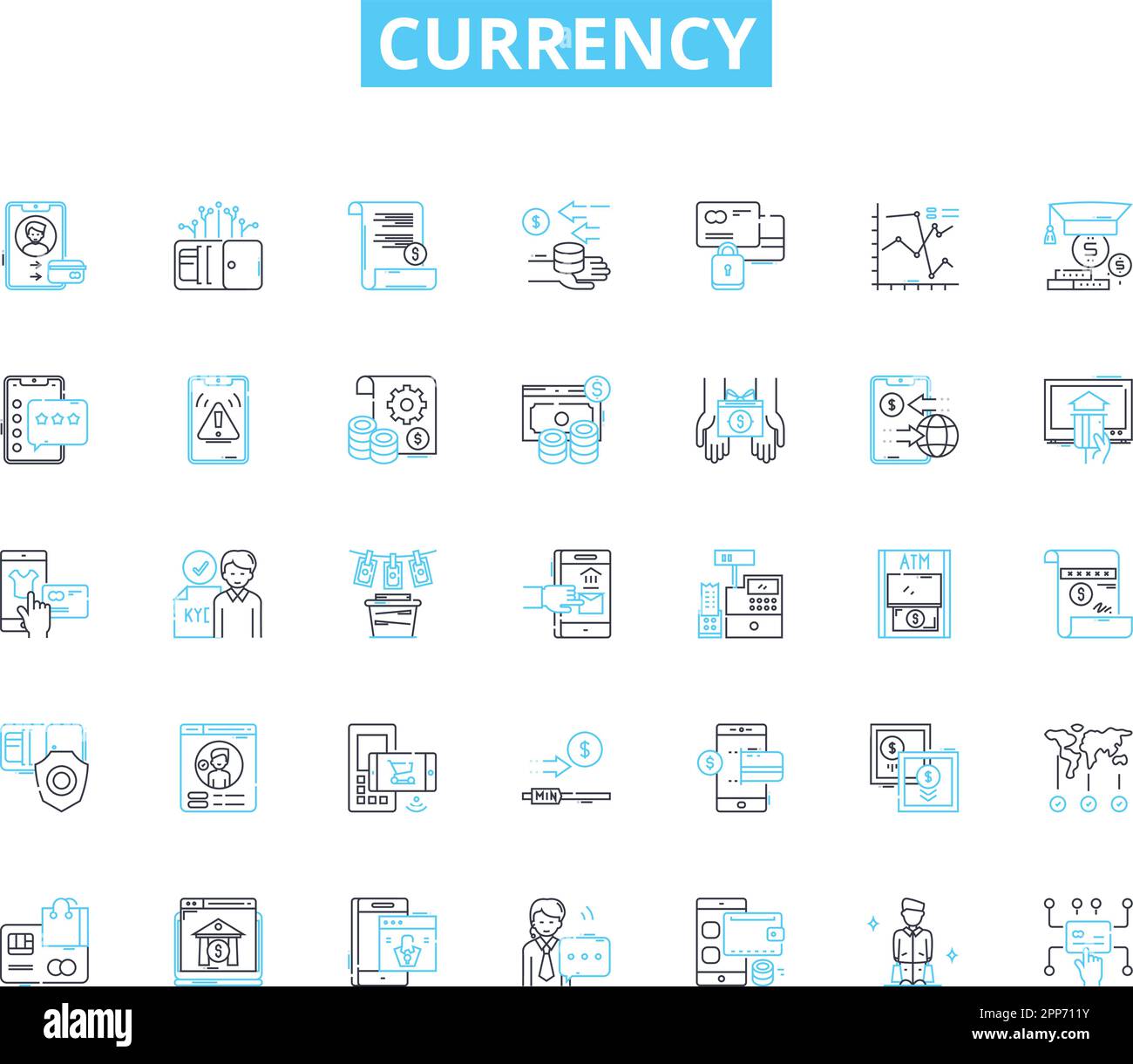 Currency linear icons set. My, Exchange, Cash, Dollars, Euro, Yen, Peso ...