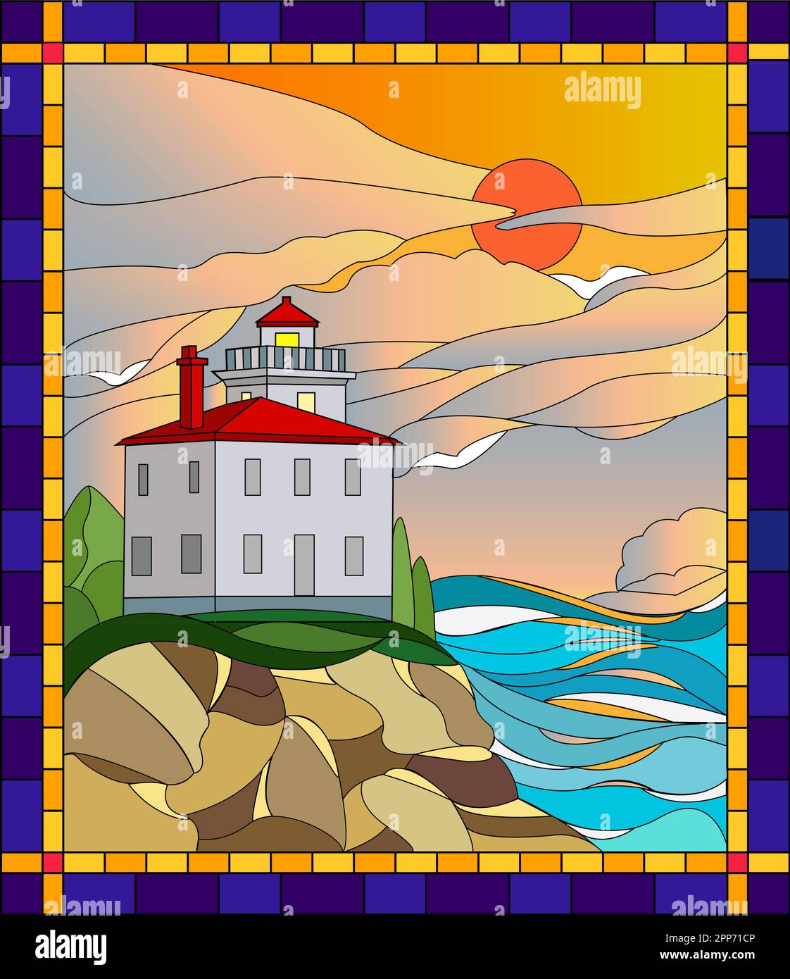 Red lighthouse stained glass window.Illustration in stained glass style ...