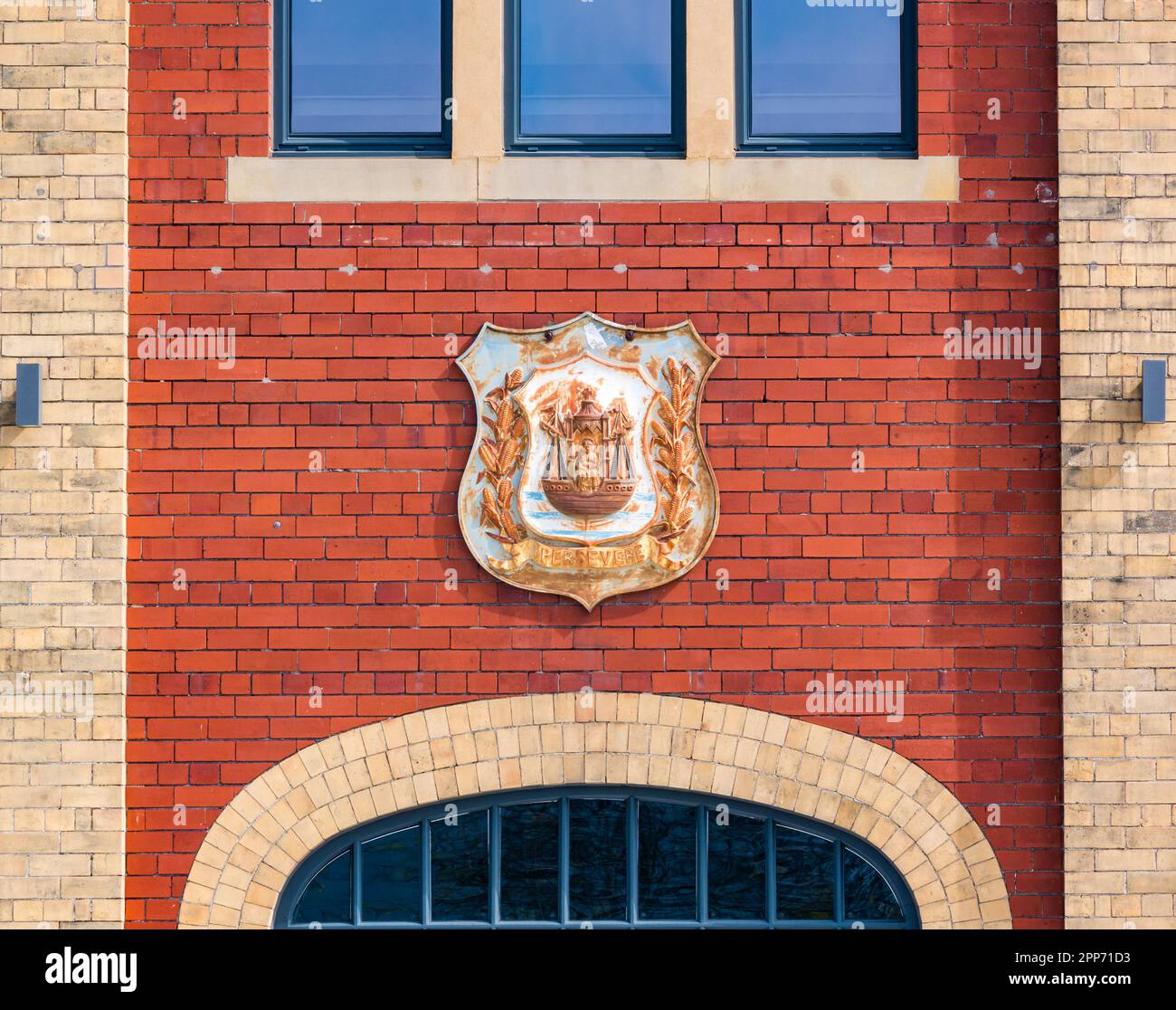 Newly refurbished Persevere ship emblem on Granton Station building ...