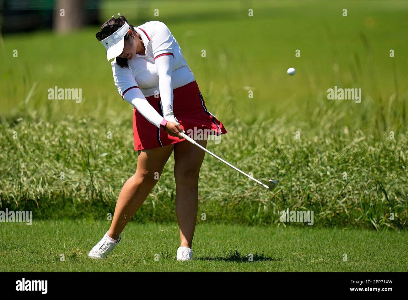 Lilia Vu hits from the rough on the second hole during the third round ...