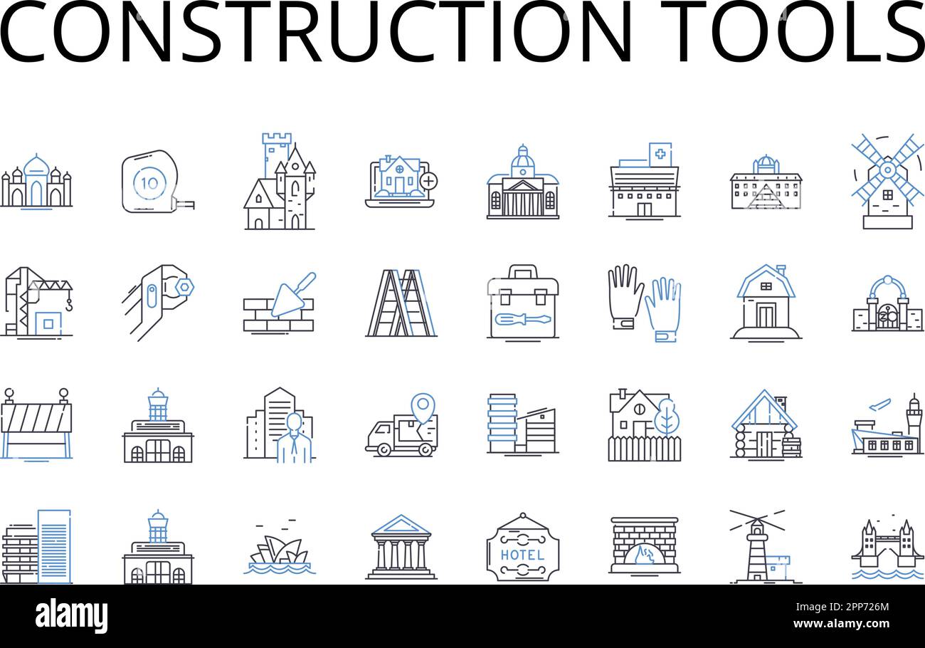 Construction tools line icons collection. Bulldozer, Excavator, Crane ...