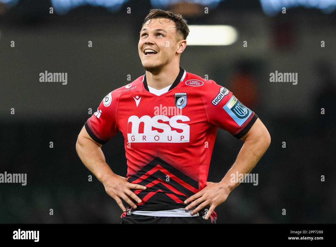Jarrod Evans of Cardiff smiles as he looks up at the big screen for ...