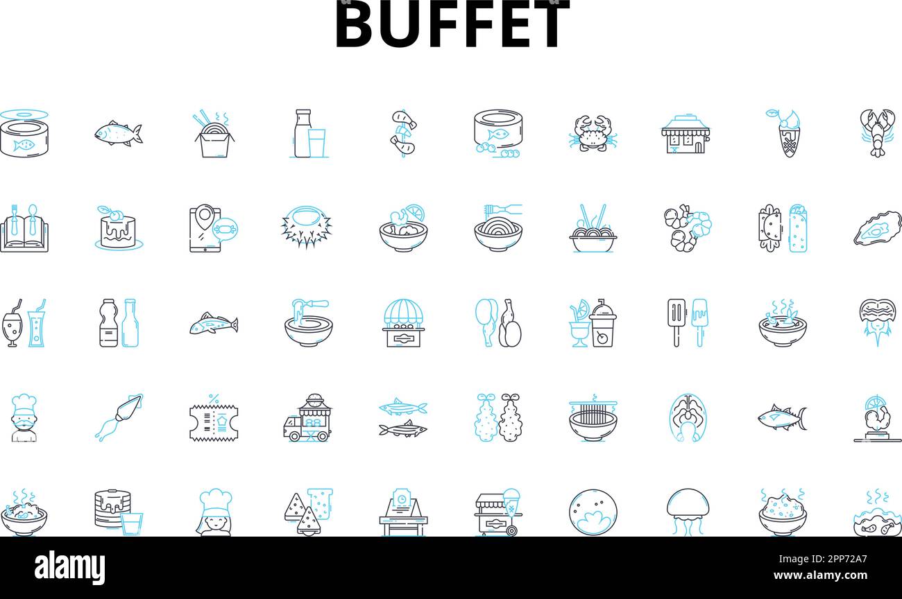 Buffet linear icons set. Spread, Plentiful, Variety, Indulgence ...