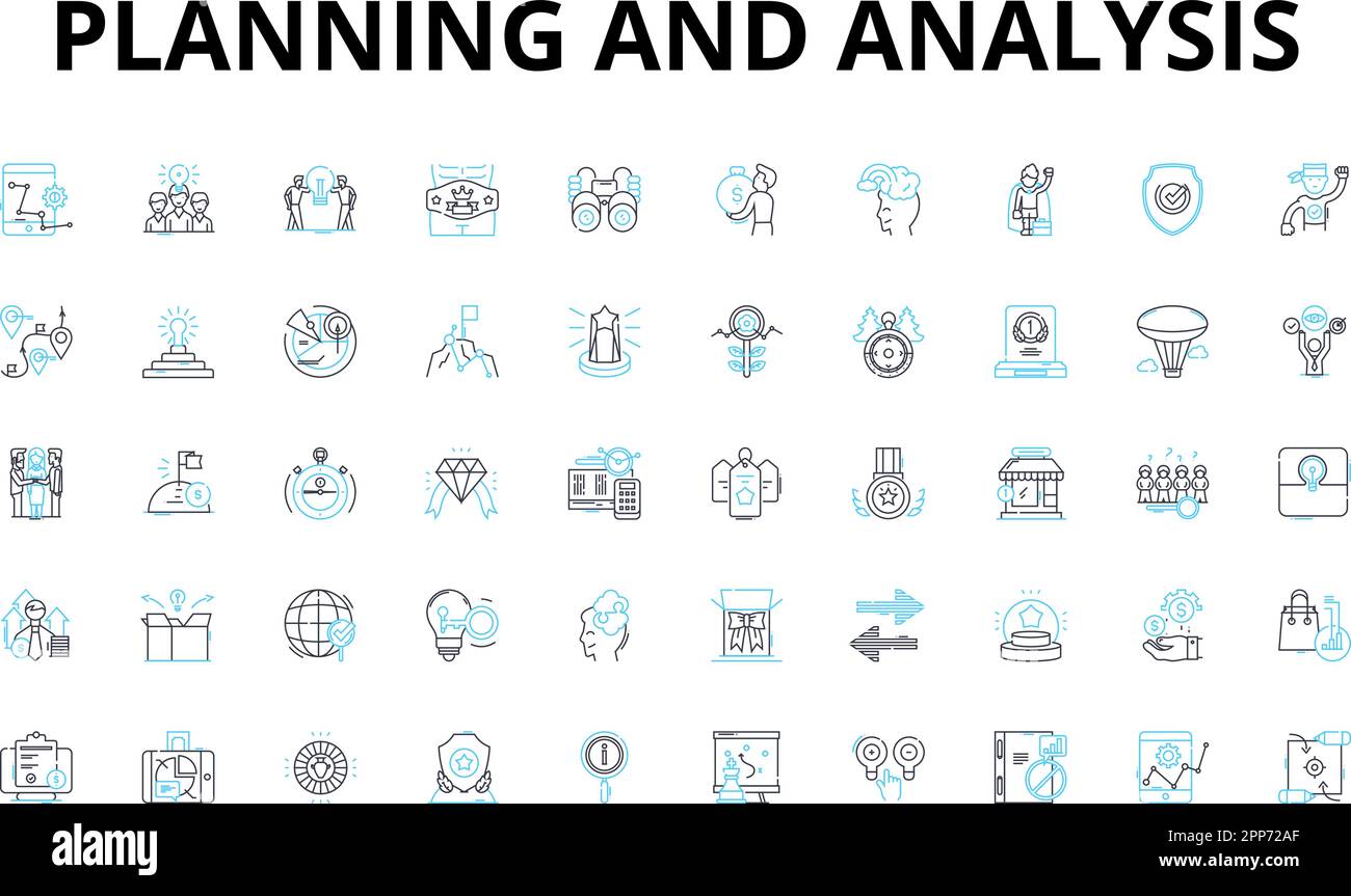 Planning and analysis linear icons set. Strategy, Forecasting ...