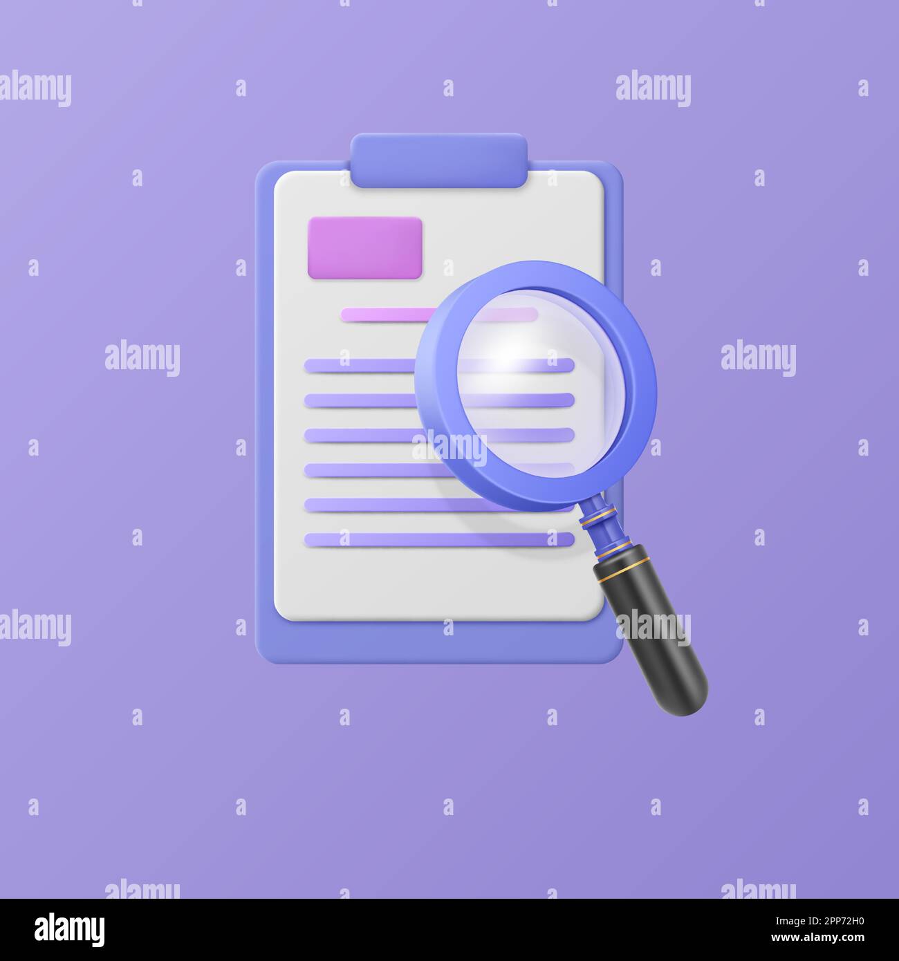 3D magnifying glass and document. Research list. Business data check ...