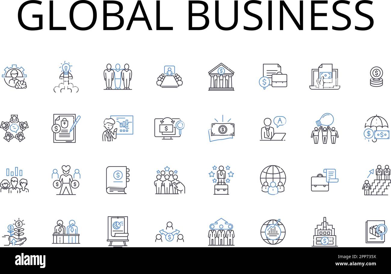 Global business line icons collection. International trade, Worldwide commerce, Global economy ...