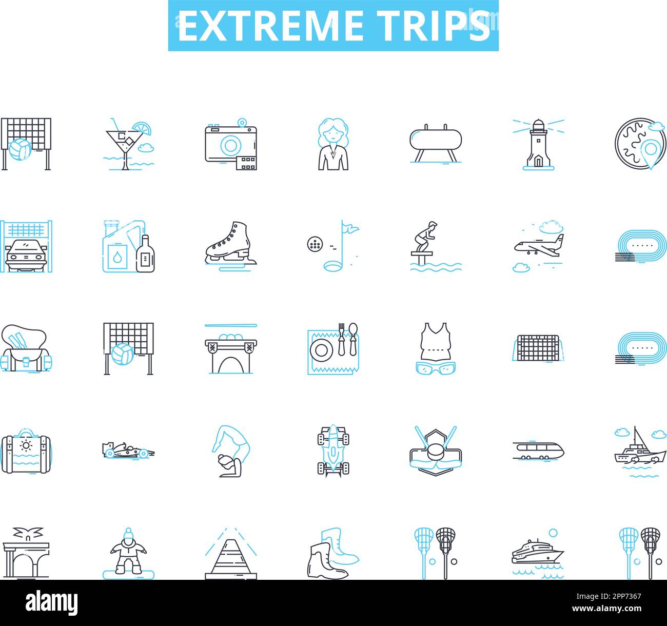 Extreme trips linear icons set. Adventurous, Thrilling, Intense ...
