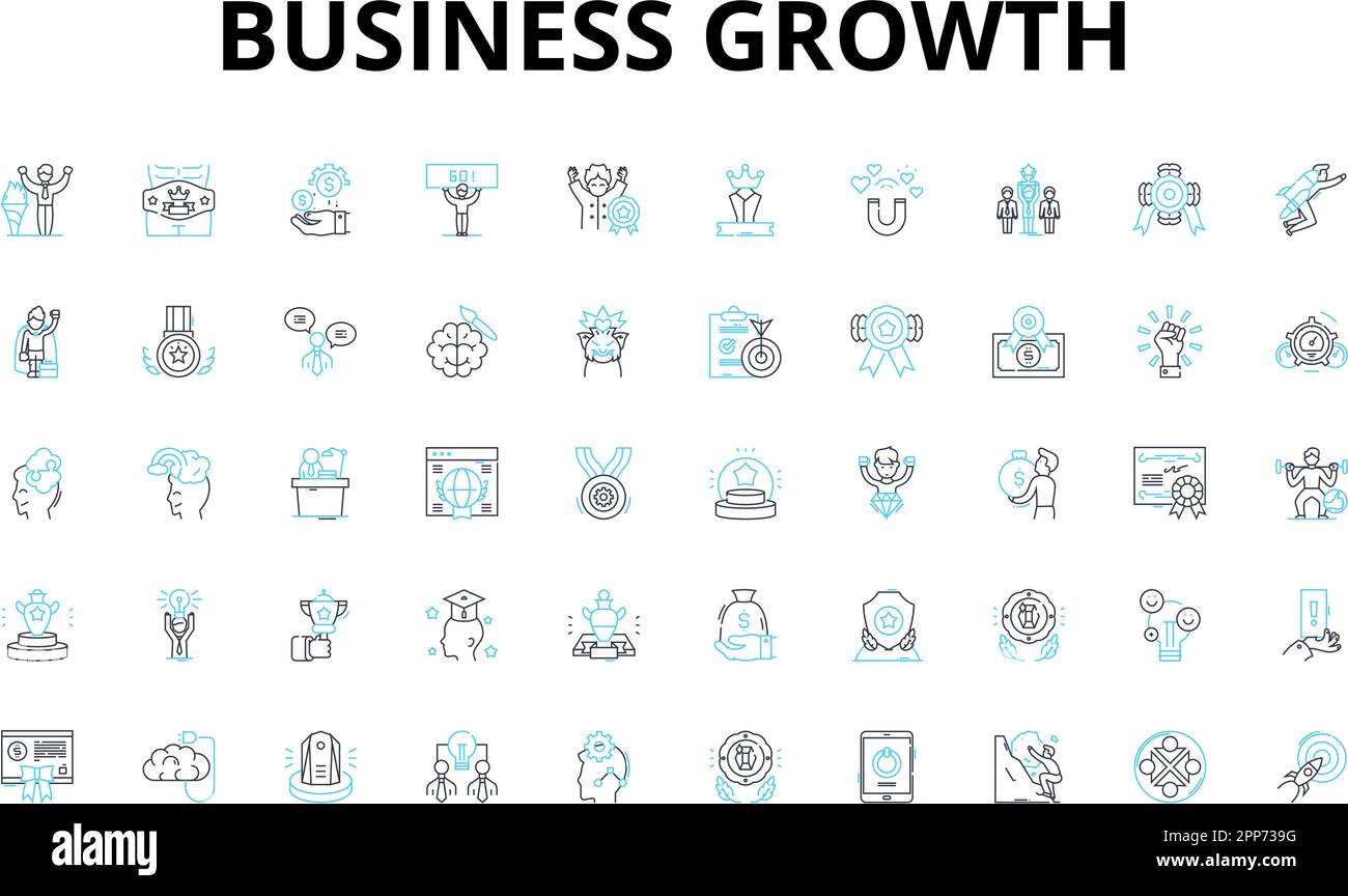 Business growth linear icons set. Expansion, Scalability, Development, Diversification ...