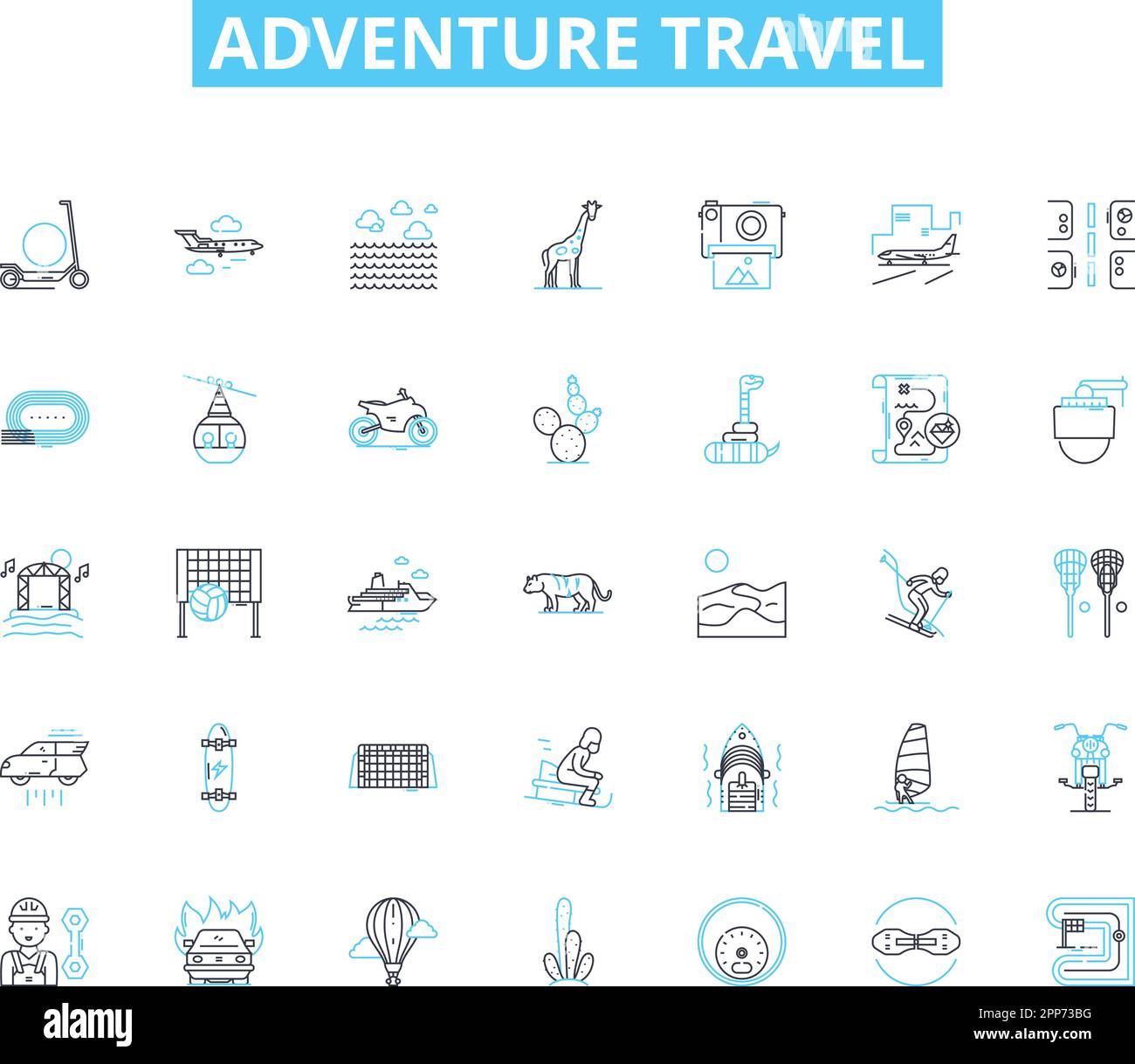 Adventure travel linear icons set. Trek, Explore, Expeditions, Rafting ...