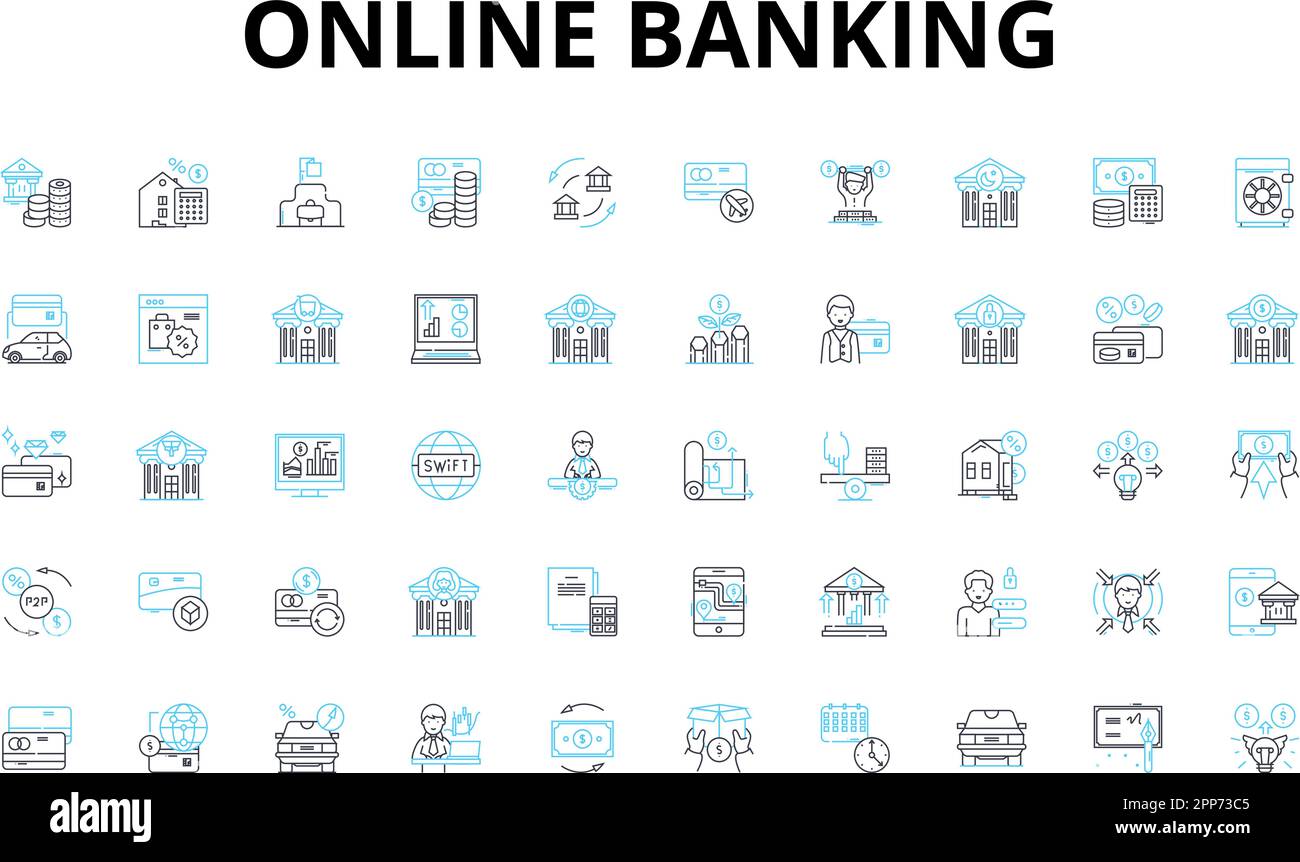 Online banking linear icons set. Secure, Convenient, Accessible, Mobile, Digital, Efficient ...