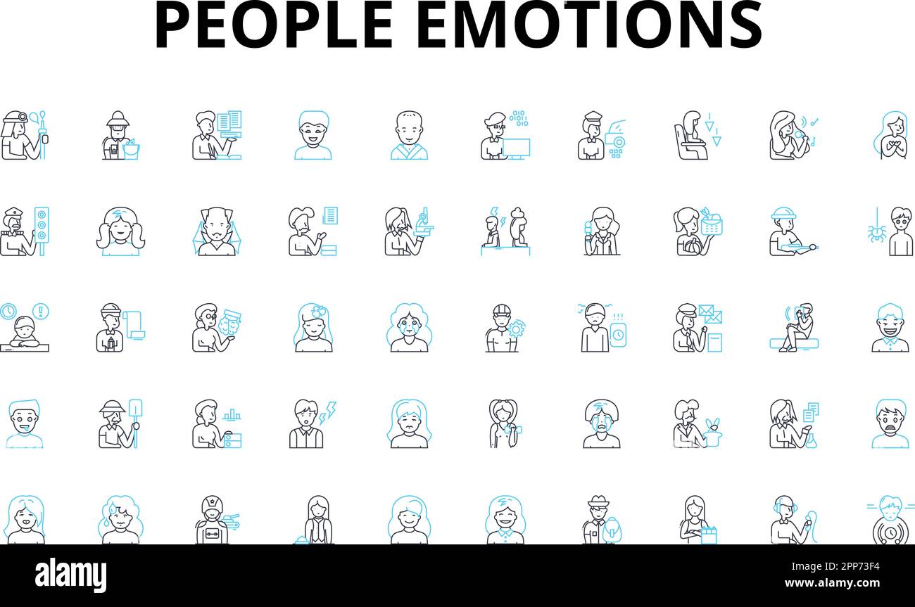 People emotions linear icons set. Happiness, Sadness, Anger, Love, Hate ...