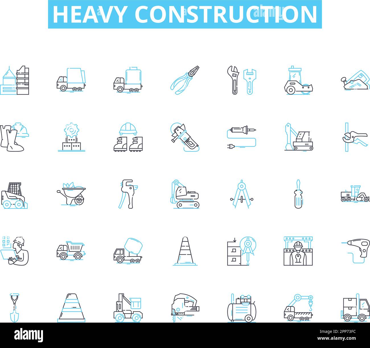 Heavy construction linear icons set. Excavation, Bulldozer, Grader ...