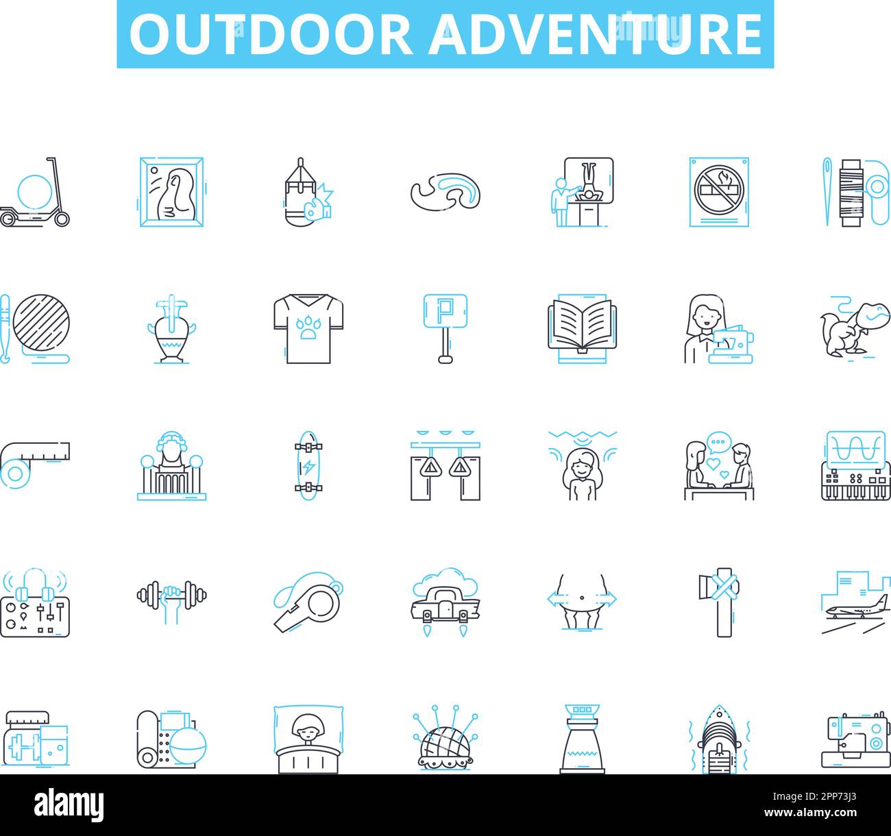 Outdoor adventure linear icons set. Hiking, Camping, Rafting, Zip ...
