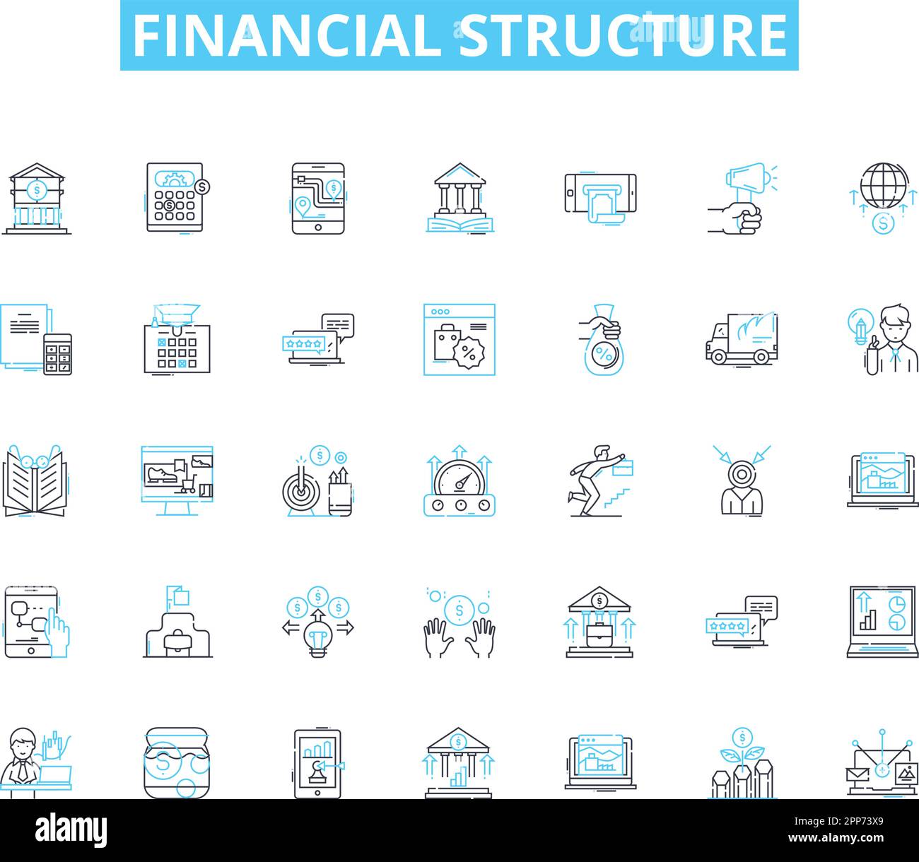 Financial structure linear icons set. Capitalization, Equity, Debt, Leverage, Liquidity, Cash ...