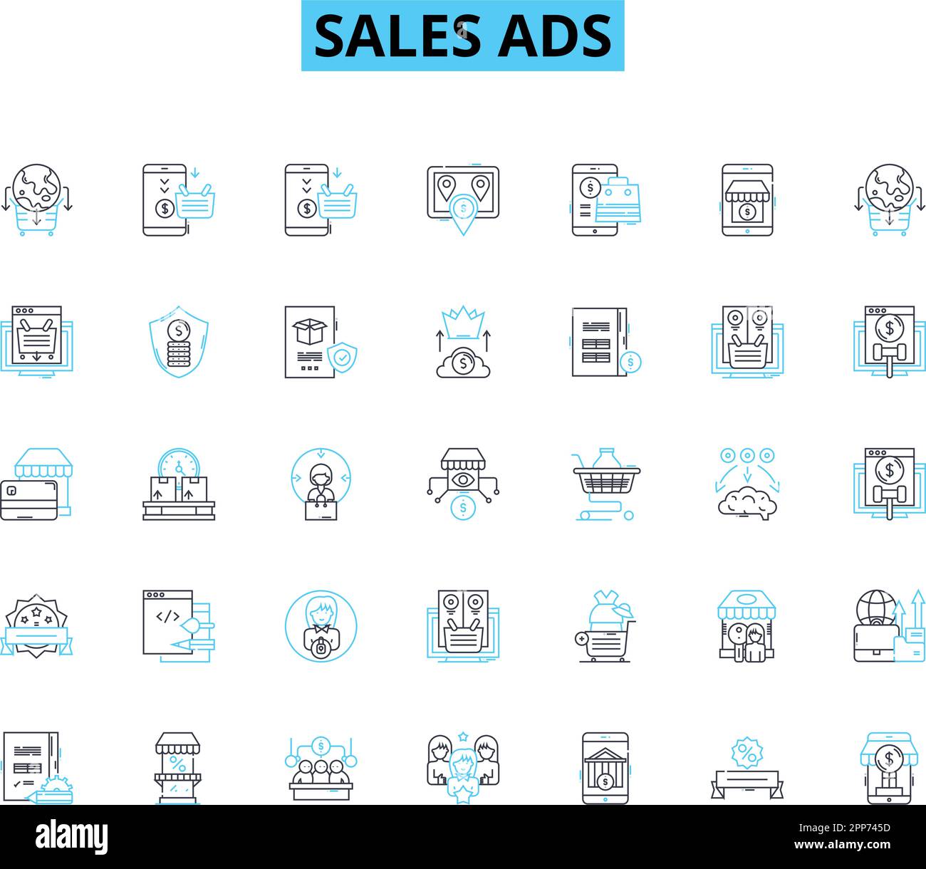 Sales ads linear icons set. Discount, Limited-time, Promo, Clearance, Sale, Bargain, Markdown ...