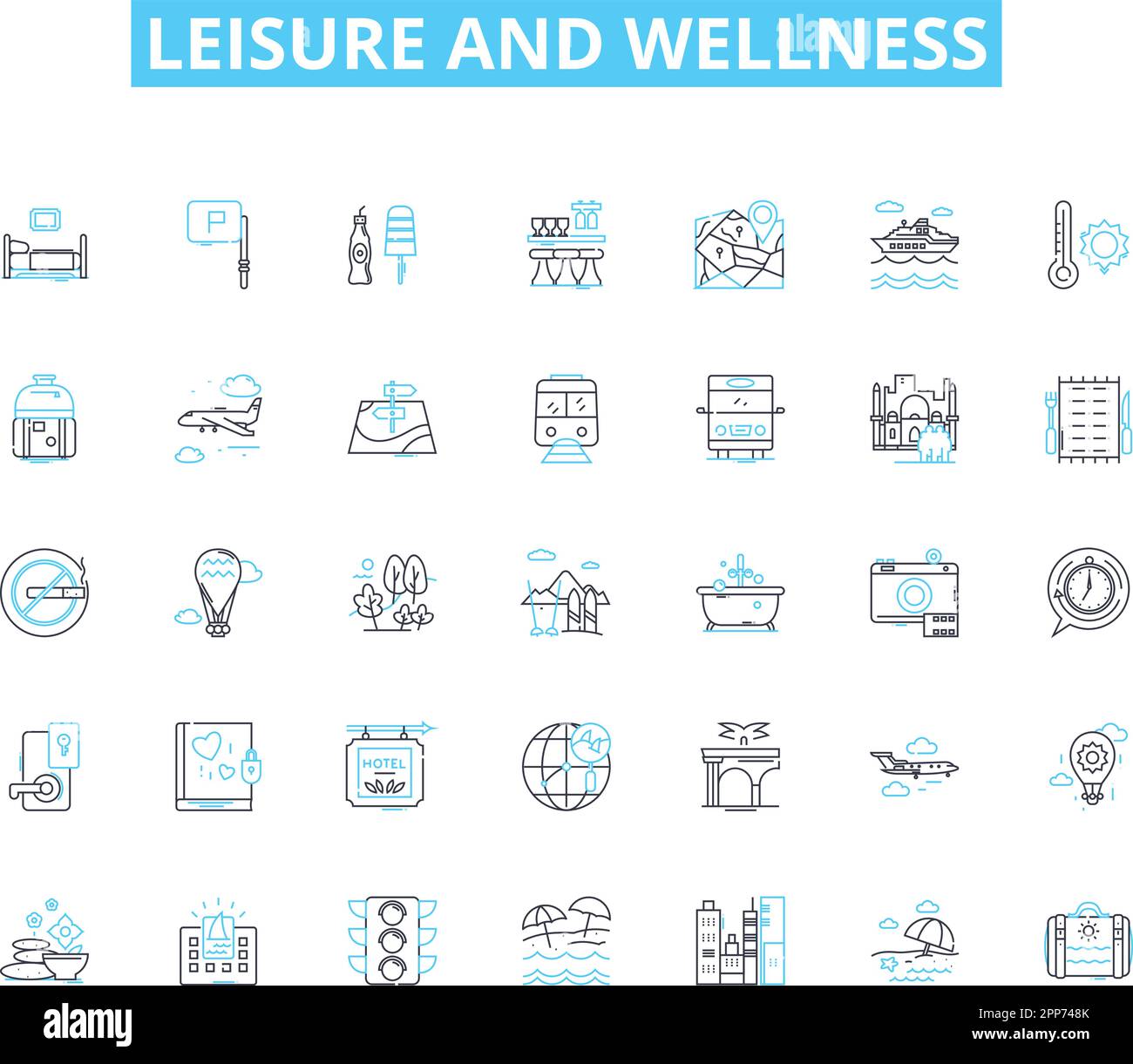 Leisure and wellness linear icons set. Relaxation, Meditation, Yoga, Spa, Massage, Exercise ...