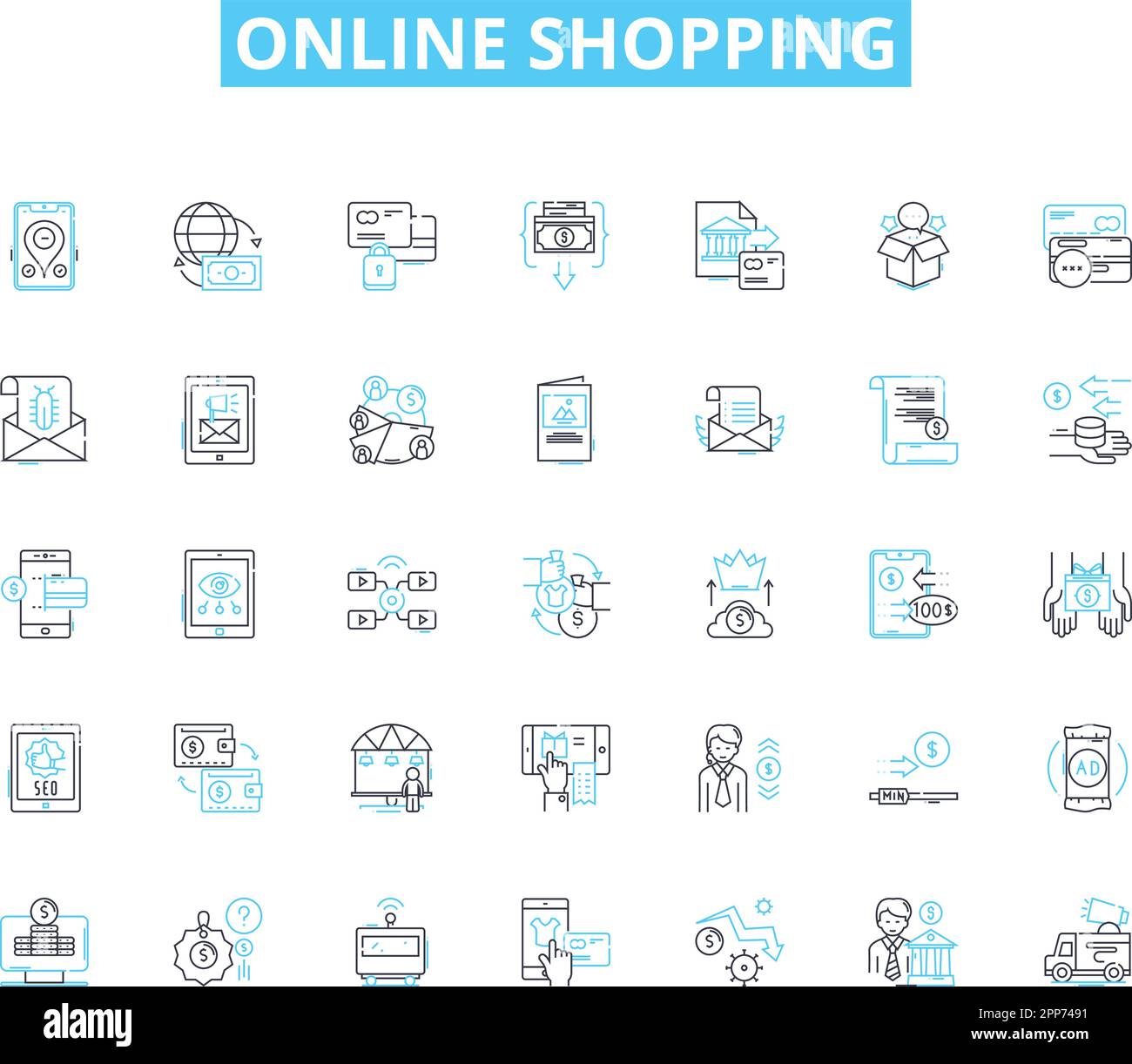 Online shopping linear icons set. E-commerce, Digital, Consumerism, Cyber, Marketplace, Internet ...