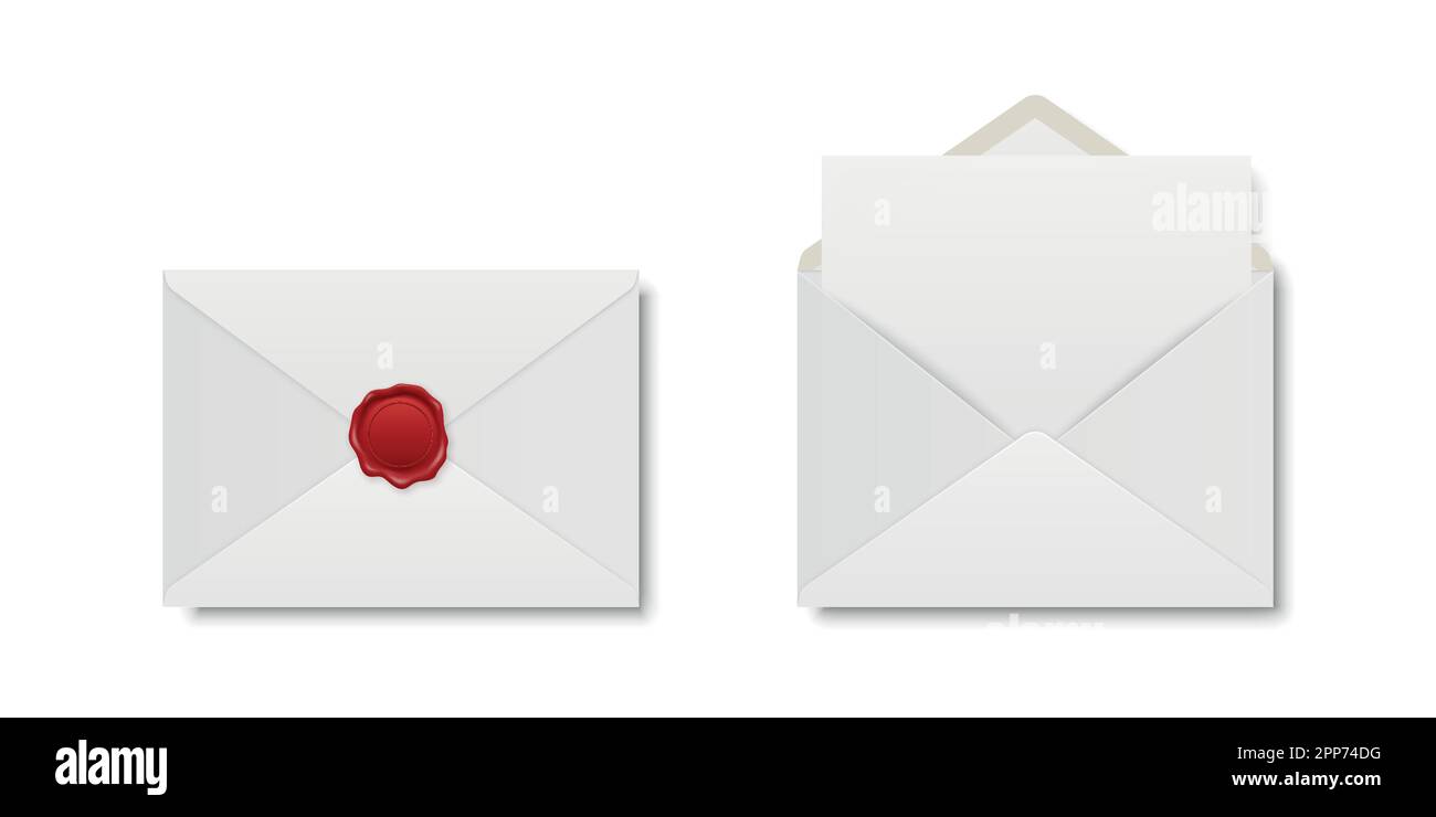 Vector Realistic White Closed Envelope with Red Wax Seal and Opened Envelope with Letter Inside ...