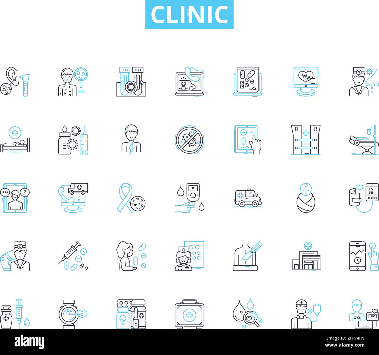 Clinic linear icons set. Healing, Recovery, Treatment, Caregiving ...