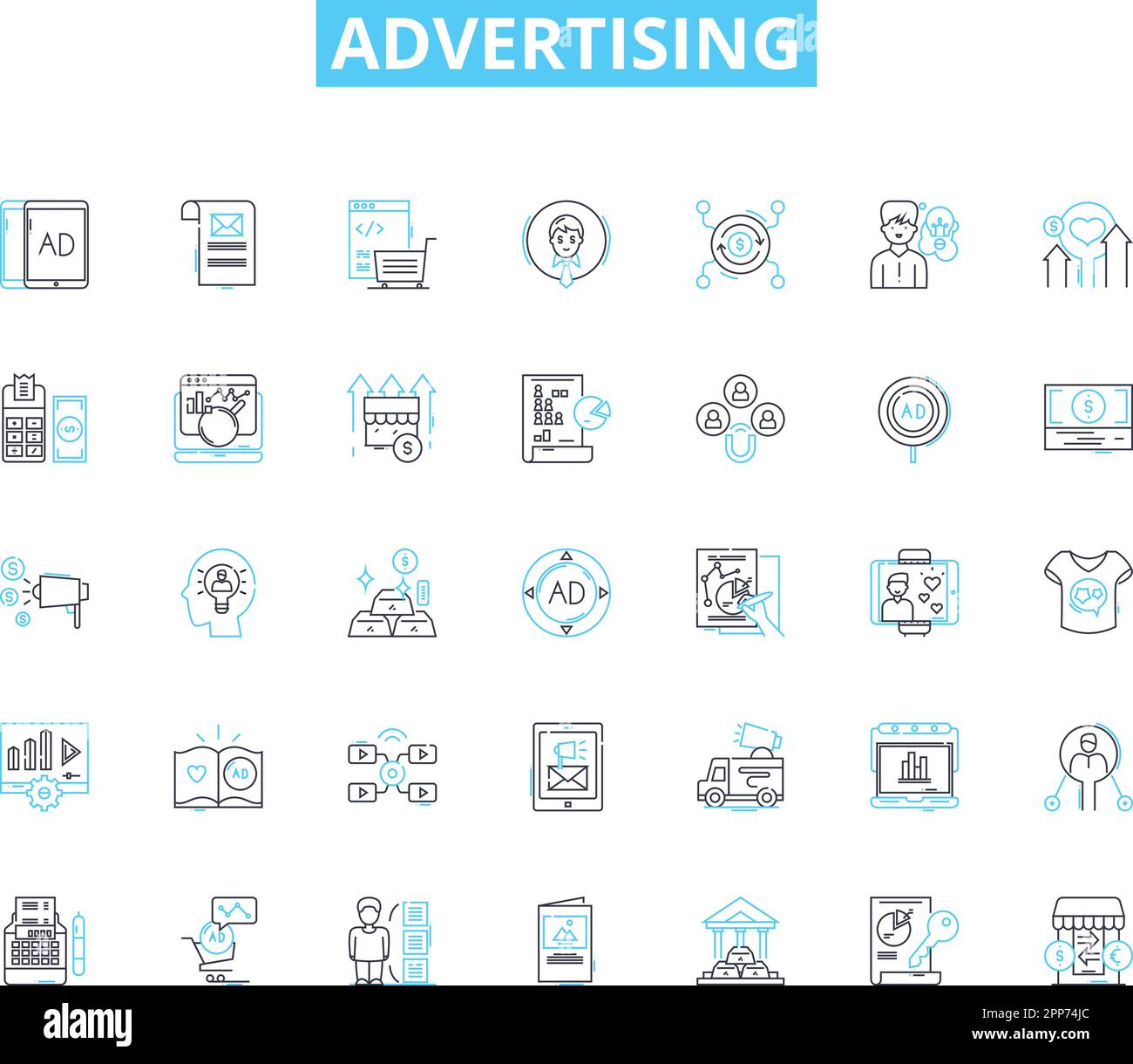 Advertising linear icons set. Promote, Branding, Campaigns, Media ...
