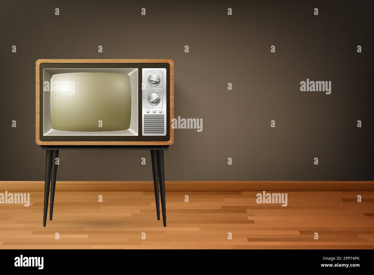 Vector 3d Realistic Retro TV Receiver on Wooden Floor. Home Interior ...