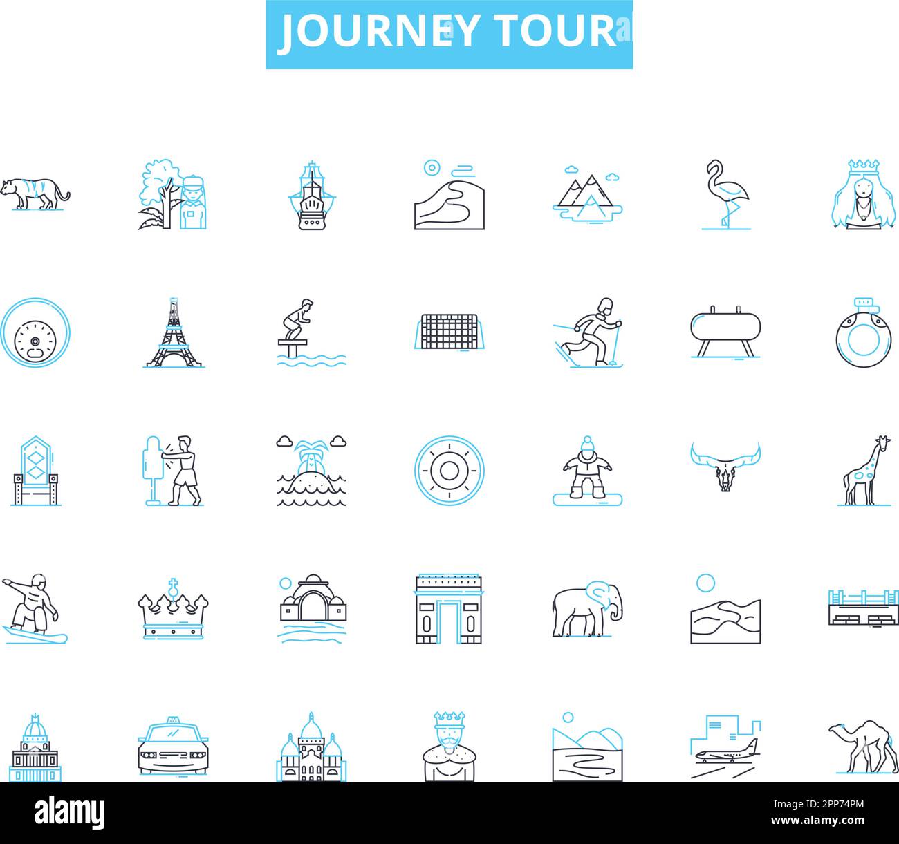 Journey tour linear icons set. Trek, Adventure, Expedition, Excursion ...