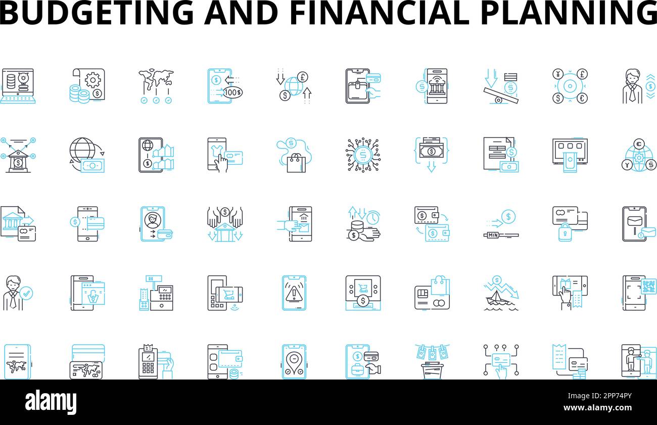 Budgeting and financial planning linear icons set. Frugality, Saving, Forecasting, Investment ...