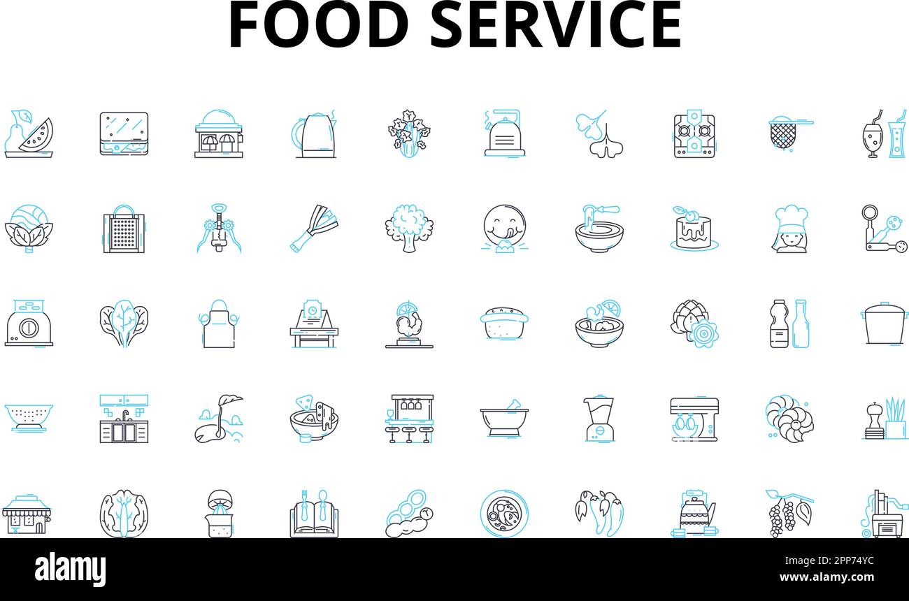 Food service linear icons set. Catering, Delivery, Restaurant, Takeout, Buffet, Kitchen, Chef ...