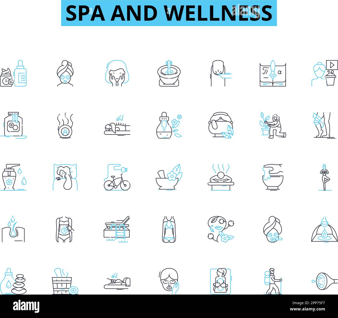 Spa and wellness linear icons set. Relaxation, Renewal, Harmony, Rejuvenation, Serenity ...