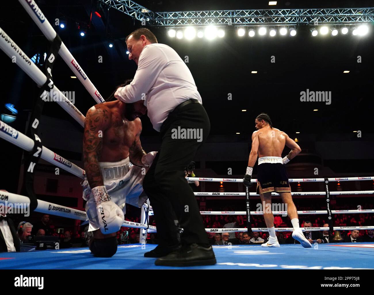 The referee stops the fight after Luke Watkins is knocked down in the IBF European Cruiser ...