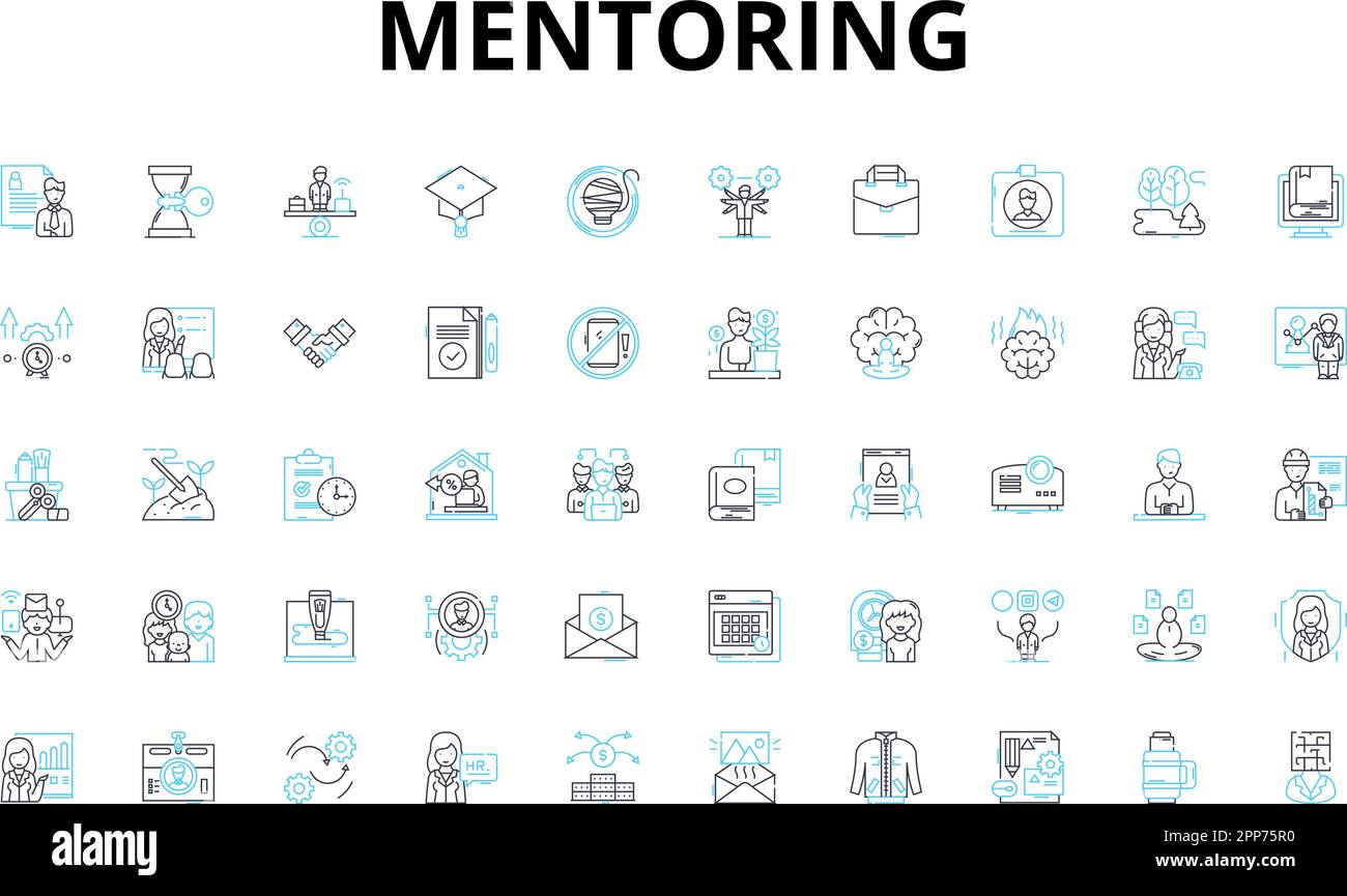 Mentoring linear icons set. Learning, Guidance, Coaching, Support, Advise, Experience, Sharing ...
