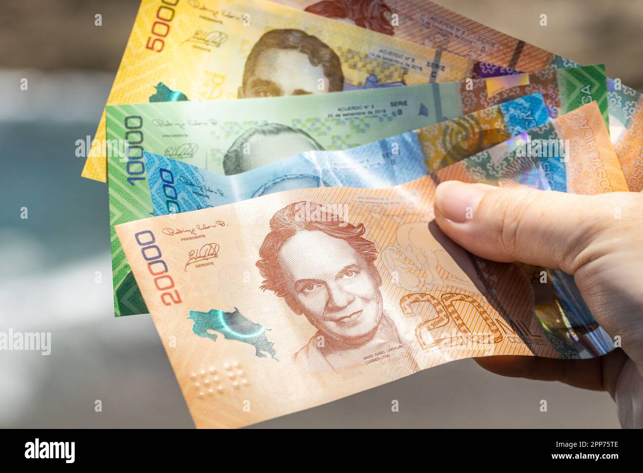 Costa Rica money, Woman holding a bundle of Costa Rican banknotes ...