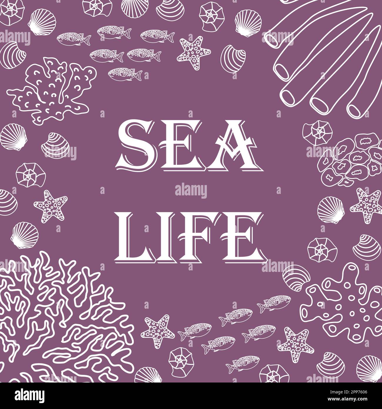 Vector ocean illustration with fish, shells, corals, algae. Sea life ...