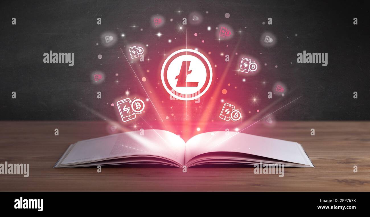 Open book with currency icons above Stock Photo - Alamy
